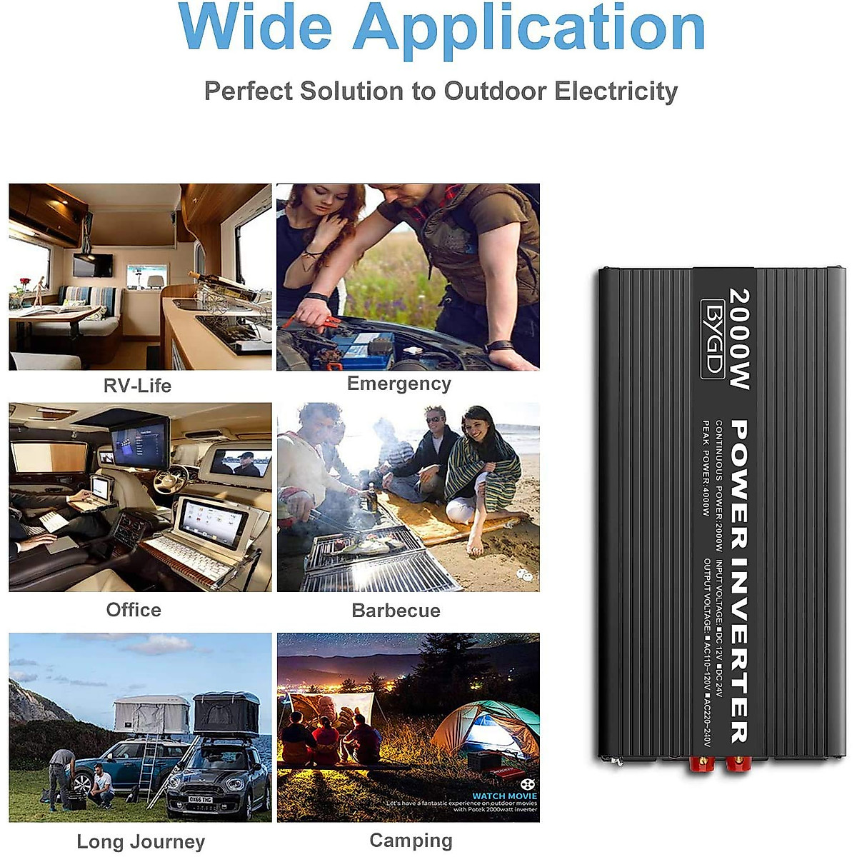 BYGD 2000W/4000W(Peak) Power Inverter 12V DC to 110V AC Converter with 4 AC Outlets Dual 2.1A USB Ports for Home, RV, Boat, Truck, Off-Grid Solar System