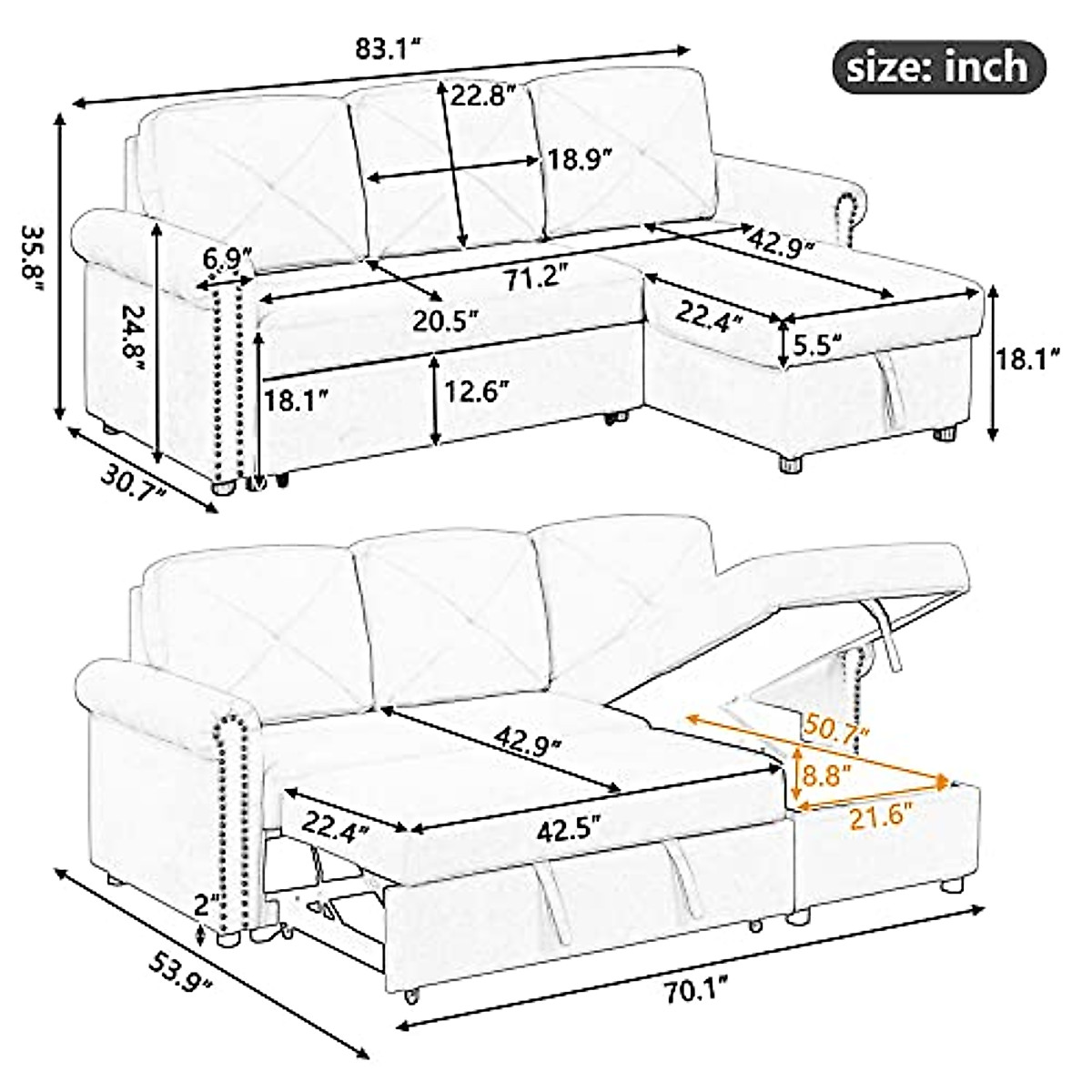 L-Shape Convertible Sectional Sofa with Pull Out Bed,Velvet Upholstery Corner Couch with Storage Chaise Lounge,3 Seater Comfy Small Sofabed with Rivets Dec for Living Room, Home, Apartment