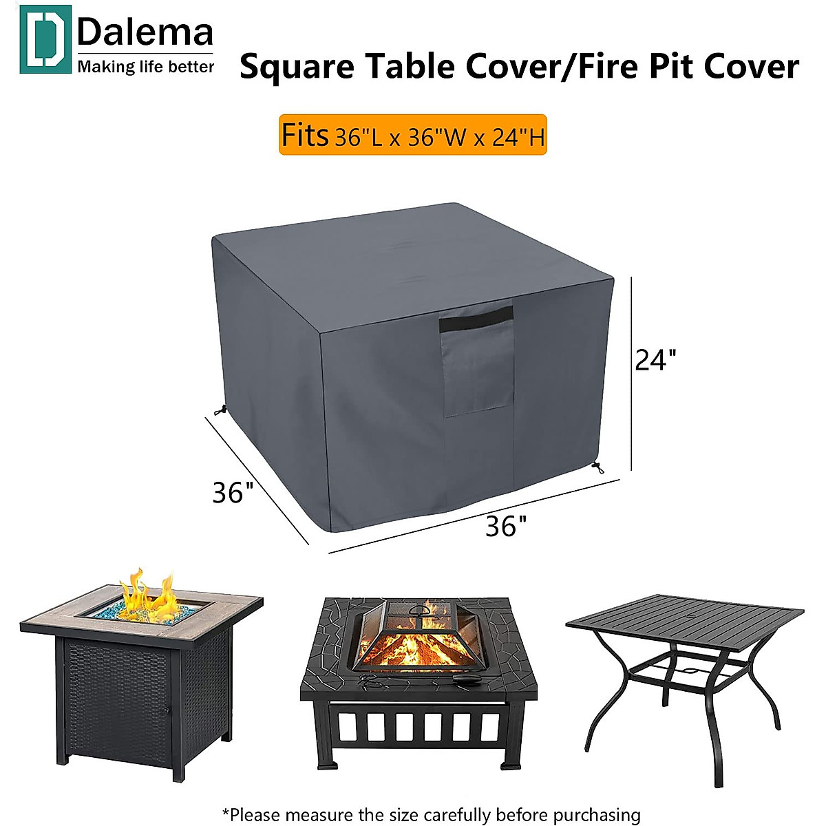 Dalema Patio Square Fire Pit Cover,600D Heavy Duty Waterpfoor Fire Pit Table Cover for 34-36Inch,Weatherproof Outdoor Square Table Covers for Winter(36" x 36" x 24",Grey)