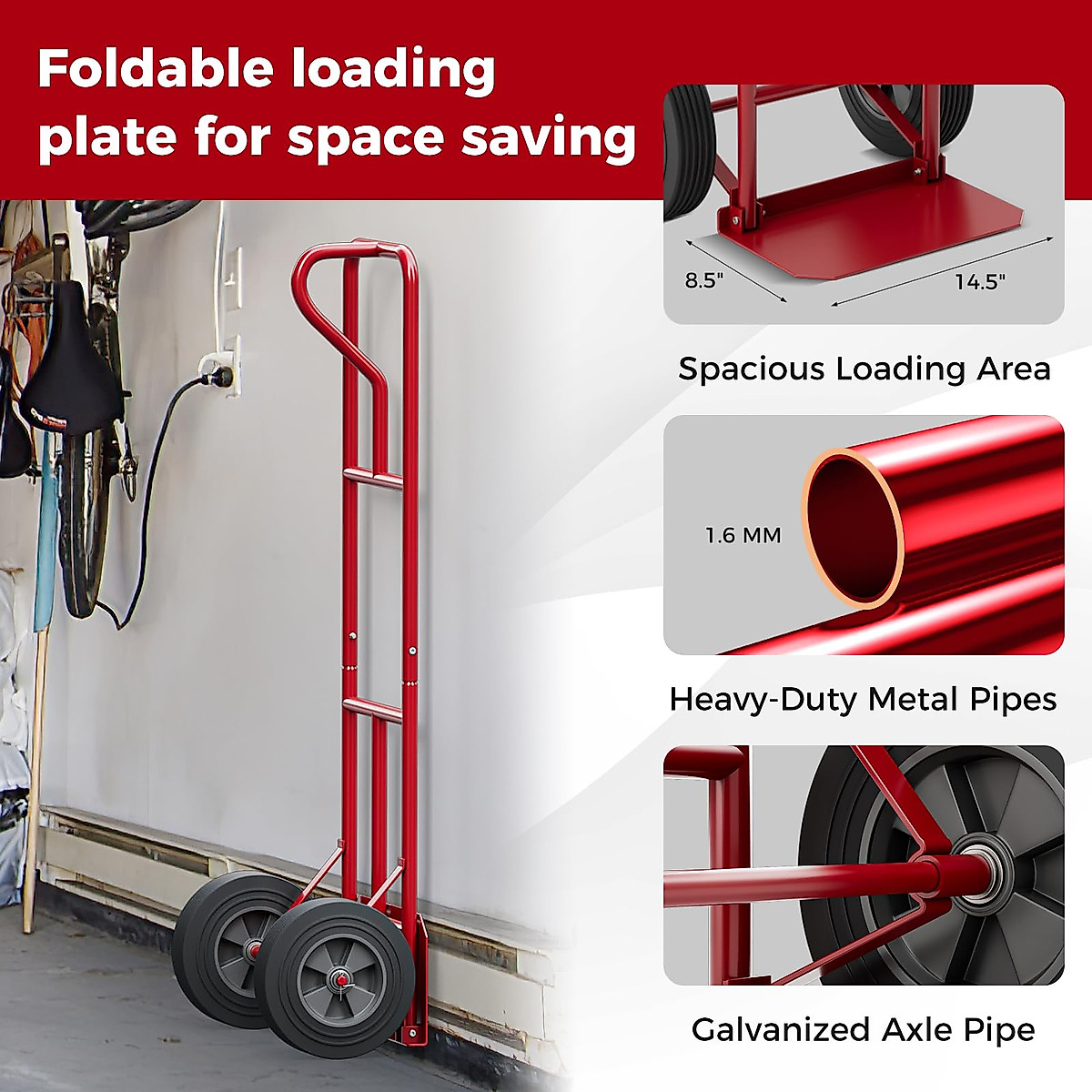 Goplus Hand Truck, P-Handle Hand Truck Dolly w/Vertical Loop Handle, 10” Rubber Wheels, 15”x8” Foldable Nose Plate, 660LBS Capacity, Heavy Duty Metal Dolly Cart for Lifting, Stairs (Red)