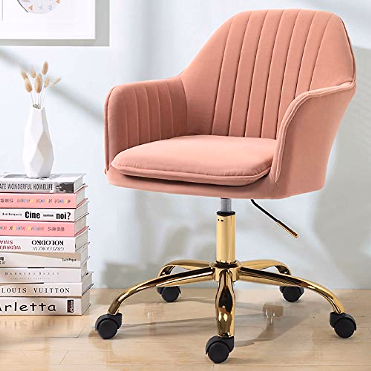 HOMHUM Desk Chairs with Wheels, Home Office Chair Mid-Back Velvet Office Chair Adjustable Cute Chair with Side Arms and Gold Metal Base for Living Room, Bedroom, Home Office, and Vanity Room (Pink)