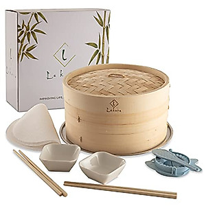 LUKARA Bamboo Steamer Basket – Dumpling Steamer Bamboo with Accessories – Bamboo Steamer 10 Inch with Silicone Steamer Liners, Cookbook, Chopsticks, Sauce Ramekins – Eco-Friendly Gift Set