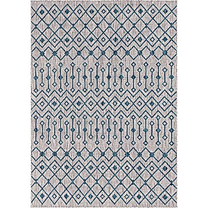 Unique Loom Outdoor Trellis Collection Area Rug - Tribal Trellis (7' 1" x 10' Rectangle, Light Blue/ Ivory)