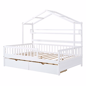 DEINPPA Full House Bed with Drawers, Kids Bed with Shelf and Fence Guardrails, Wood Bed Frame with Decorative Roof Designs, No Box Spring Needed, for Boys Girls Toddler Kids-White