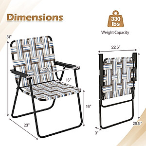 GYMAX Folding Chair, Patio Lawn Chair Set with Armrest, Indoor/Outdoor 2 Pack Webbed Lightweight Dinning Chair, Portable Beach Chair for Outside, Poolside, Backyard (Coffee, 2)