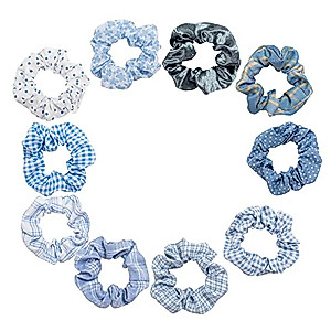 10pcs Cute Plaid Hair Ties Printed Hair Scrunchies Ponytail Holder Colorful Hair Elastics Bands Hair Accessories for Women Girls (Blue)