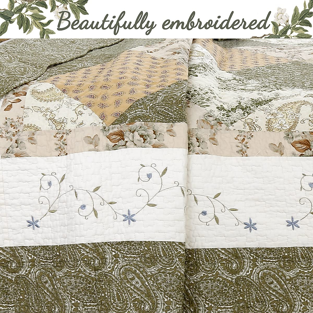 Cozy Line Home Fashions Floral Real Patchwork Green Beige Khaki Yellow Scalloped Edge Country 100% Cotton Quilt Bedding Set, Reversible Coverlet Bedspread (Laura, Twin - 2 Piece)