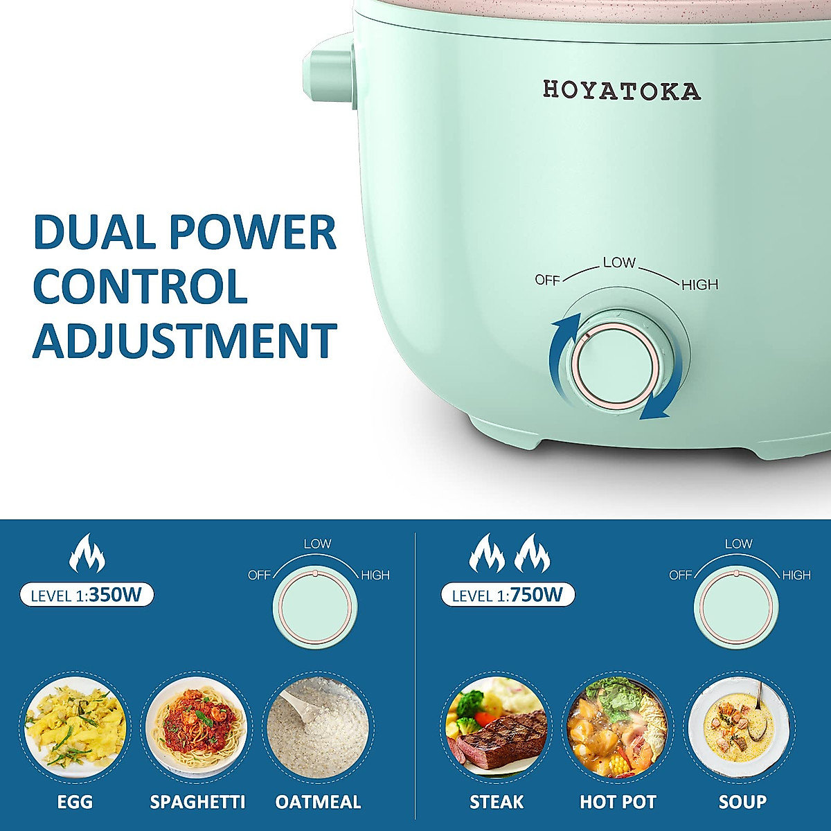 Hoyatoka Electric Hot Pot, 2L Portable Non-Stick Electric Cooker with Steamer, Mini Electric Pot Ramen Cooker for Sauté, Stir Fry, Steak, Eggs, Oatmeal, Ramen, Soup for Dorm, Office, Green