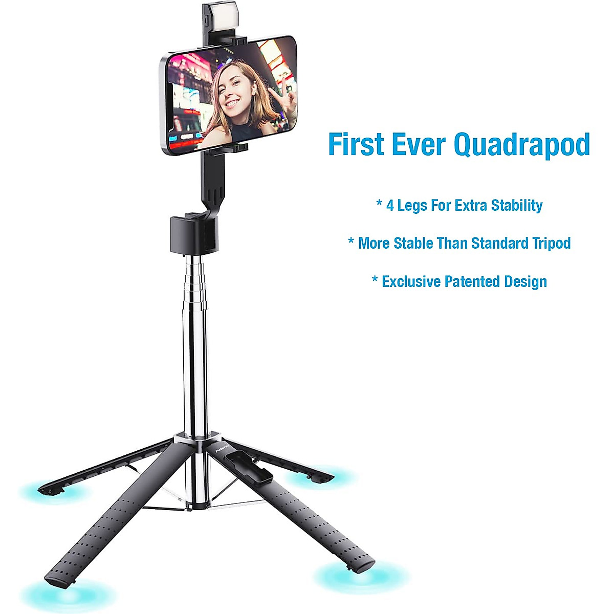 Fugetek 40'' Quadrapod Lighted Selfie Stick Stand, Lightweight 7oz, Wireless Bluetooth Remote, Patented Ultra Stable 4 Legs, 3 Onboard Light Modes, Compatible with iPhone & Android (Black)