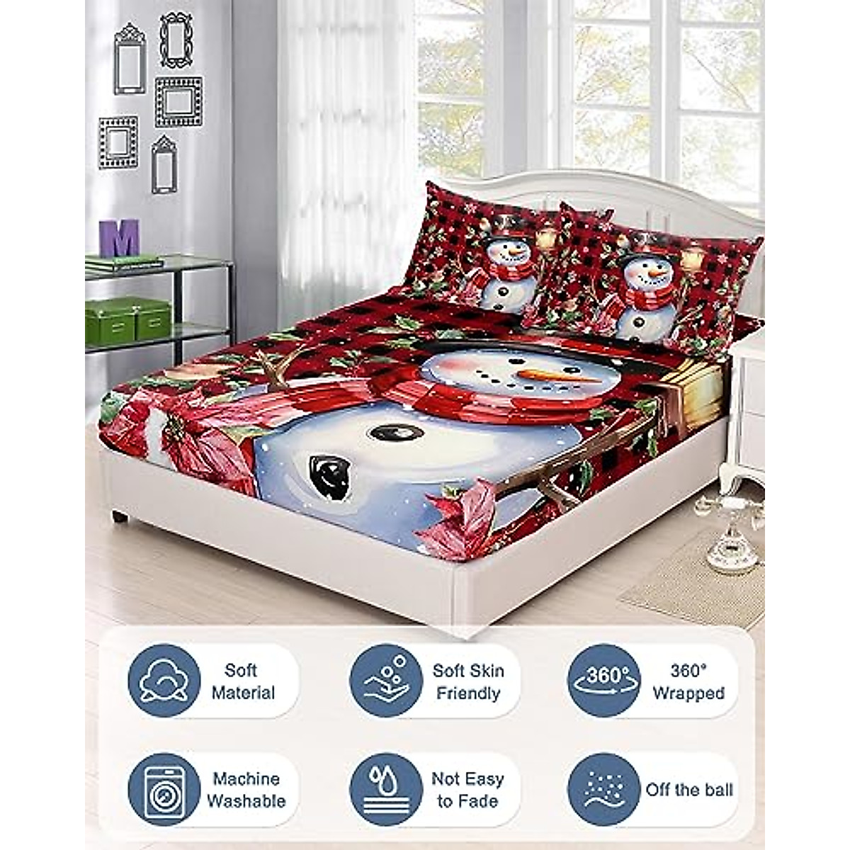 Full Size Fitted Sheet Bed Set Christmas Snowman Poinsettia Floral Deep Pocket Soft Bottom Sheets&Pillowcases for Bedroom Decor Black and Red Buffalo Plaid,Fits Mattress Up to 16" Deep
