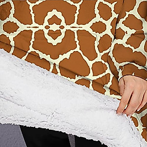 Oversized Wearable Blanket Hoodie Sweatshirt Brown Giraffe Skin Fluffy Flannel Blanket Sweater with Giant Pocket for Women, Adult, Girls, Friend