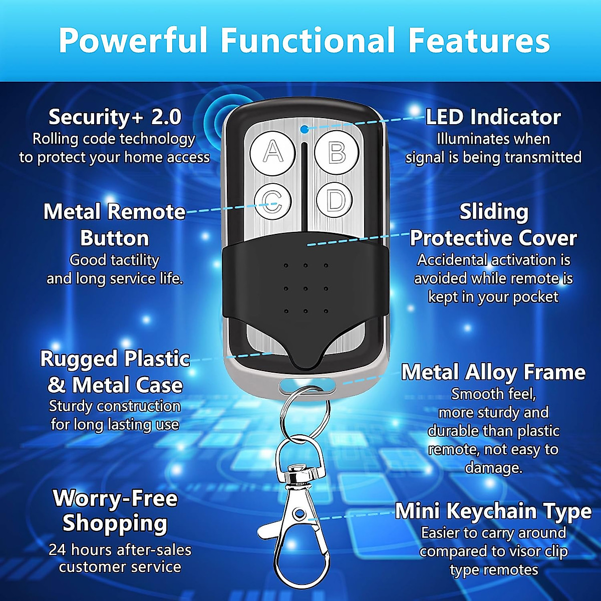 Universal Garage Door Remote for Liftmaster Chamberlain Craftsman Openers with 5 Colors Learn Button, Purple Yellow Green Orange Red, Keychain Included, 1 Pack