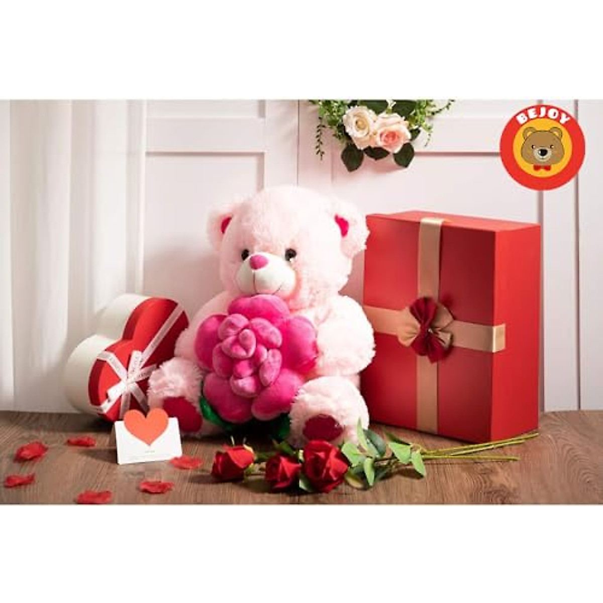 BEJOY Teddy Bear Stuffed Animals Plush Bear Holding Rose Soft Plush Toy Valentine's Day, 16 Inch, Pink