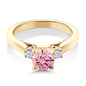 Gem Stone King 18K Yellow Gold Plated Silver Pink Zirconia and White Created Sapphire 3-Stone Engagement Ring For Women (1.60 Cttw, Round 6MM, Gemstone Birthstone, Size 5)
