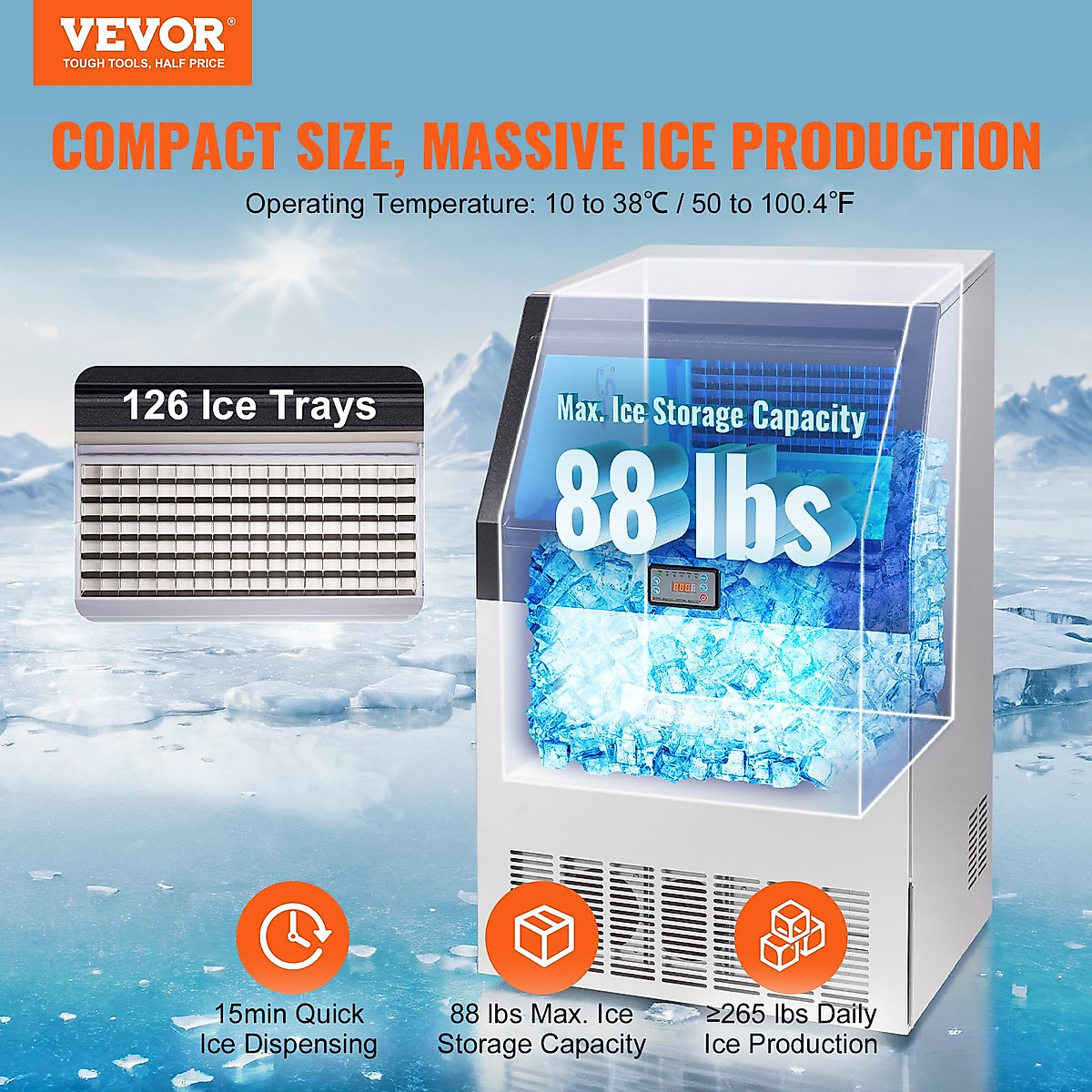 VEVOR Commercial Ice Maker Machine, 265lbs/24H, Ice Maker Machine, 126 Ice Cubes in 12-15 Minutes, LED Digital Display Free Standing Ice Maker with 88lbs Storage Capacity, for Home Office Restaurant