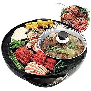 SNKOURIN Hot Pot with Grill 2 in 1, Multifunctional Smokeless Korean Barbecue Grill, Indoor Electric Hotpot Grill Combo, Capacity for 3-5 People, Non-stick Black 110v