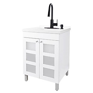 Utility Sink with White Vanity Cabinet by JS Jackson Supplies, Black High-Arc Pull-Down Sprayer Faucet, Soap Dispenser and Spacious Vanity for Laundry Room