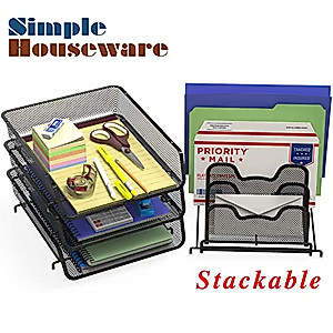 SimpleHouseware 3-Pack Stackable Desk File Document Letter Tray w/ 5 Compartments Step File Organizer, Black