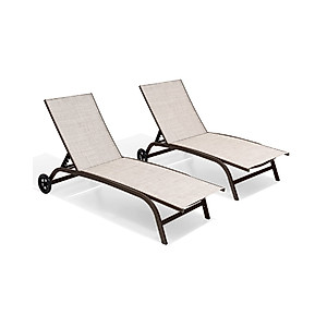 Crestlive Products Aluminum Chaise Lounge Chairs with Wheels Outdoor Adjustable Recliner Five-Position and Full Flat All Weather for Patio, Beach, Yard, Pool (2PCS Beige)