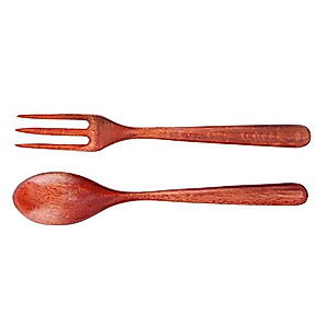 2Pcs/Set Heat Resistance Wood Fork and Spoon Heat Resistance Durable Kitchen Utensil for Home Restaurant Office(large and fork)