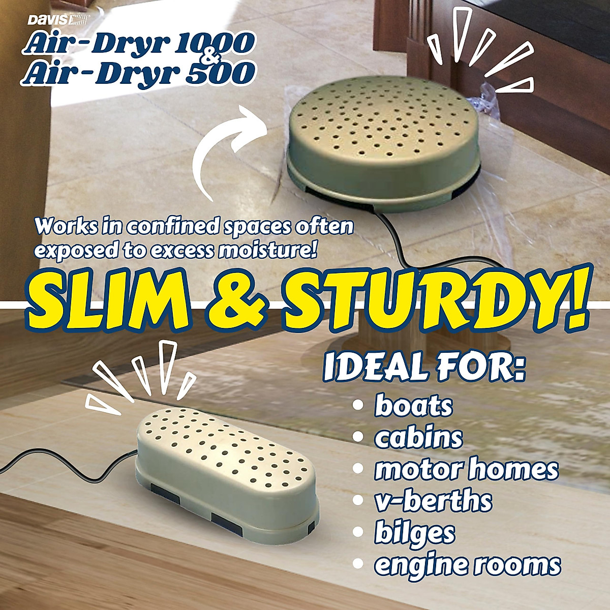 Davis Air-Dryr 500 & 1000 2 Pack Bundle - Quiet Room Dehumidifier for Moisture Problems and Wet Air Solution - Boat Dehumidifier - Portable Dehumidifier for RV, Camper, Bathroom, Bedroom and More