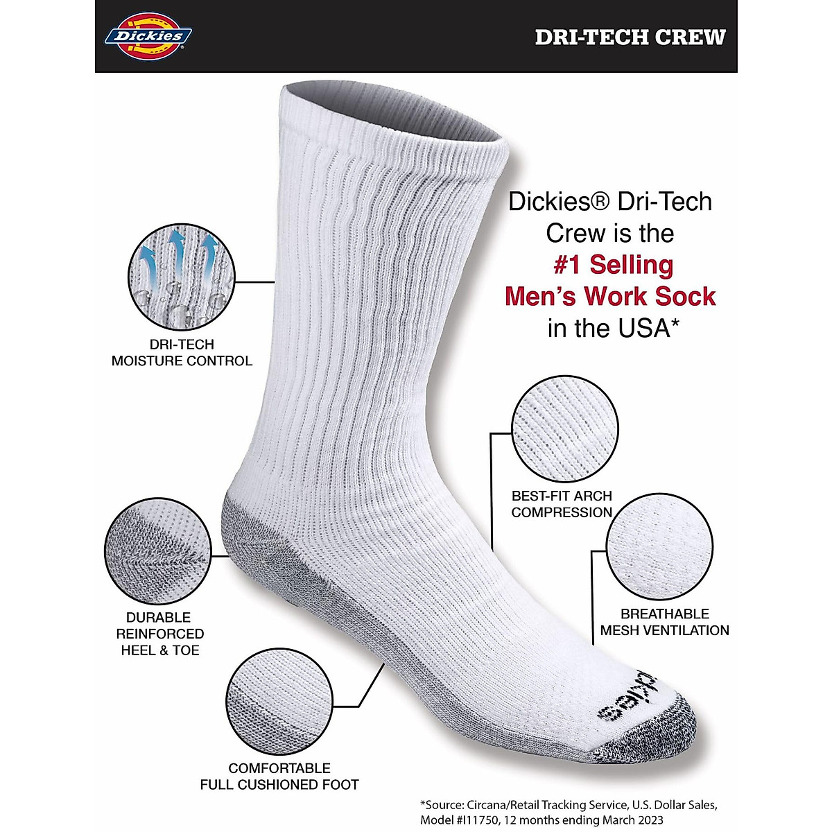 Dickies Men's Dri-Tech Original Moisture Control Crew Socks, Available in M-XXL (6, 18, White (12 Pairs), Large