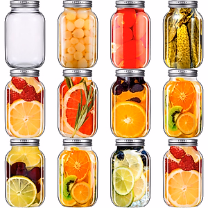 Uiifan 12 Pcs Large Mason Jars 32 oz Glass Jars with Regular Metal Airtight Lids and Bands Wide Mouth Canning Jars 1 quart Large for Jam, Honey, Pickle, Fruit 7.09 Inches in Height