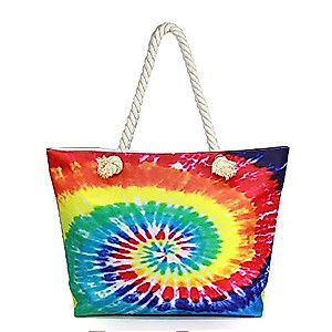 Me Plus Women Summer Large Beach Tote Bag Top Zipper Closure Braided Rope Handles Inner Pocket (TIE DYE - Multi)