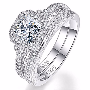 Yaresul 0.8ct Princess Cut Engagement Ring Sets 6X6mm White AAA Solitaire Cubic Zirconia Engagement Ring Set 925 Sterling Silver Wedding Ring Set for Women Size 6.5