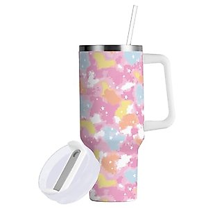 Emelivor Clouds Stars Pink 40 oz Tumbler with Lid and Straw Insulated Tumblers with Handle Travel Coffee Mug Cup Large Water Bottles Cup for Women Men Sports Gym