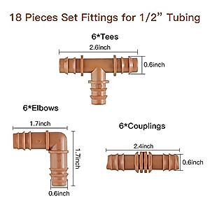 18PCS Irrigation Fittings Kit for 1/2" Tubing (0.520-0.600" ID) Drip Line Connectors - 6 Tees 6 Couplings 6 Elbows, Drip Irrigation Fitting Set Drip or Sprinkler Systems