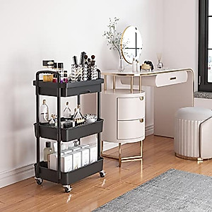 Calmootey 3-Tier Rolling Utility Cart with Drawer,Multifunctional Storage Organizer with Plastic Shelf & Metal Wheels,Storage Cart for Kitchen,Bathroom,Living Room,Office,Black