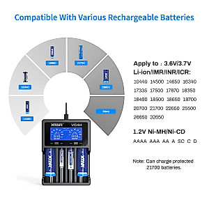 XTAR VC4H Battery Charger Smart LCD Display Universal Battery Charger 4 Slots Fast Charging for Rechargeable Batteries 3.6V/3.7V Li-ion18650 20700 21700 26650,1.2V Ni-MH/Ni-CD AAAA AAA AA Batteries