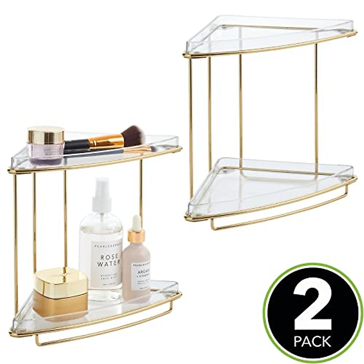 mDesign Steel/Plastic Freestanding Countertop Corner Shelf Organizer with 2-Tier Storage for Bathroom, Vanity, Cabinet, Counter - Holds Makeup, Bath Gel - Prism Collection - 2 Pack - Clear/Soft Brass