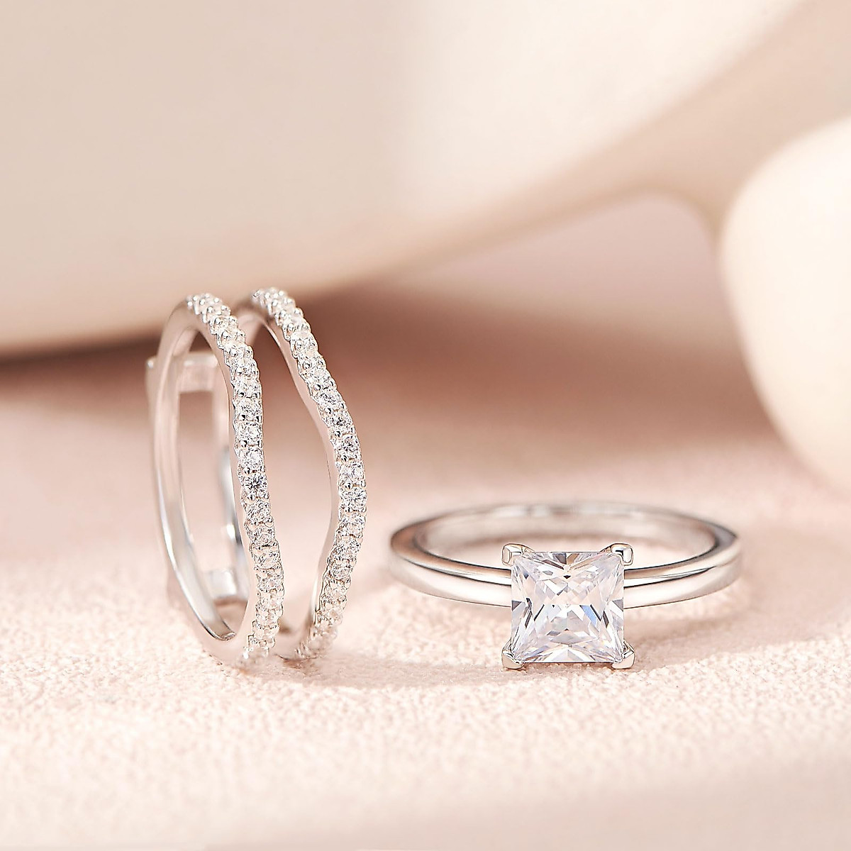 SHELOVES Solitaire Princess CZ Engagement Rings Set Wedding Band Guard Ring Enhancers Sterling Silver Sz 7