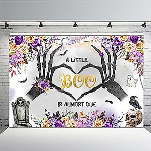 MEHOFOND 7x5ft Halloween Baby Shower Backdrop A Little Boo is Almost Due Purple Orange Floral Grey Watercolor Background Boos Tombstone Skull Crow Photo Booth Props
