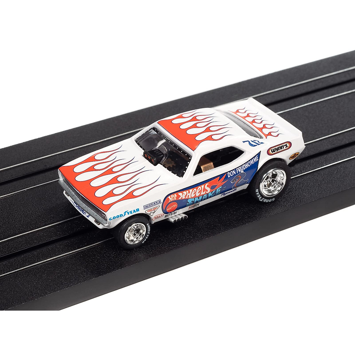 Auto World 4Gear Hot Wheels - Don The Snake Prudhomme/Snake II 1972 Plymouth Cuda Funny Car (White with Flames) HO Scale Slot Car