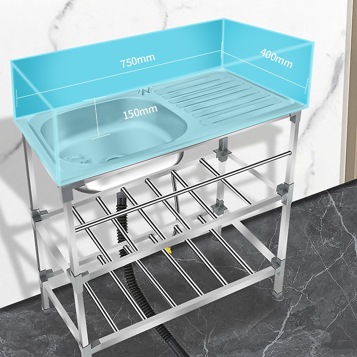 KARFER Utility Sink, Free Standing Single Bowl Commercial Restaurant Kitchen Sink with Storage Shelve and Workbench for Garage Restaurant Kitchen Laundry Room