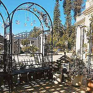Outdoor Garden Archway with Bench Seat Metal Garden Arbor Trellis Garden Rose Arch 6.9ft x 3.7ft MetalGrape Rose Vines and Indoor Party Decoration (Black 114x210cm/3.7ftx6.9ft)
