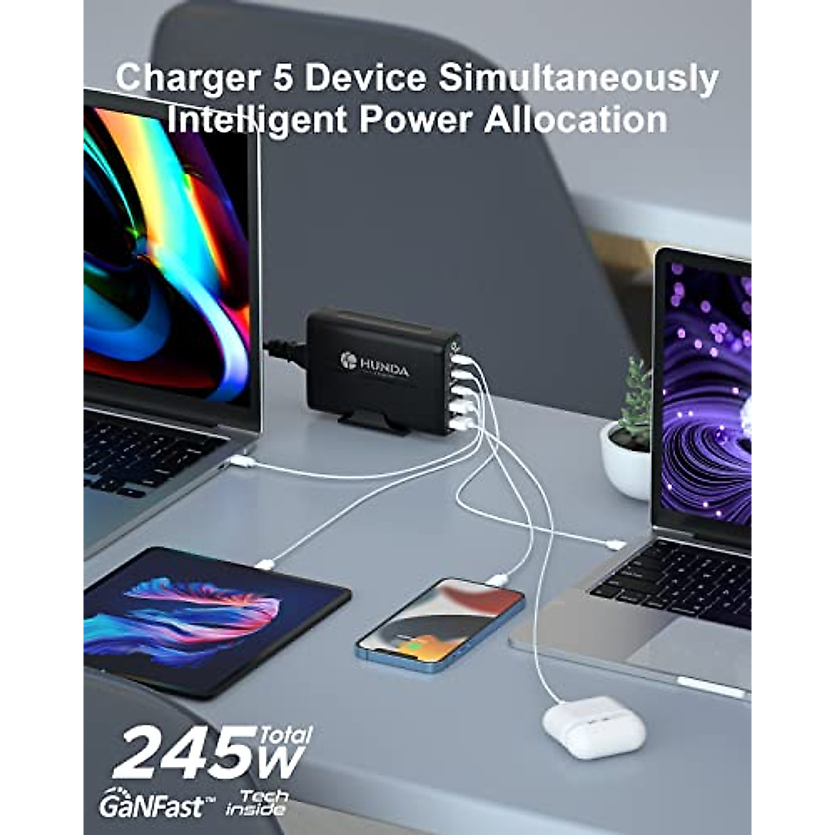 245W USB C Charger,HUNDA GaN PD Fast Charger 5 Ports USB Charger Portable Charging Station Support PD3.1/PPS/QC4+/QC3.0 Compatible with MacBook Pro,Dell XPS,HP,Surface Series,iPhone,ipad,Galaxy etc