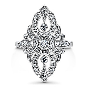 BERRICLE Sterling Silver Navette Cubic Zirconia CZ Statement Art Deco Cocktail Fashion Ring for Women, Rhodium Plated Size 10