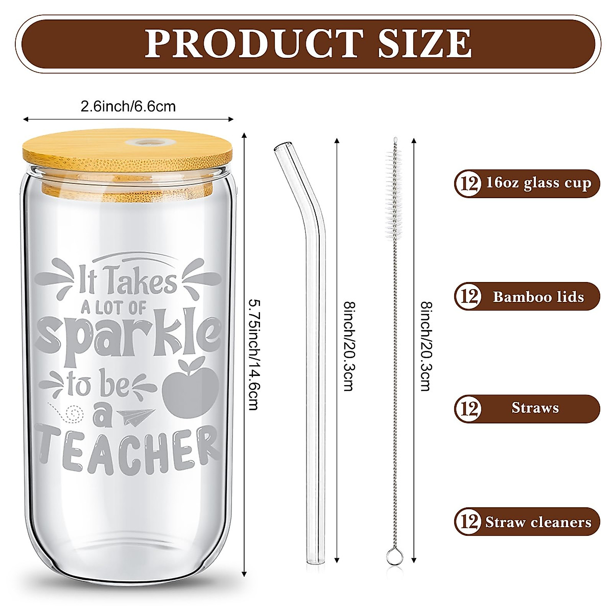 Pinkunn 12 Set Teacher Cup Appreciation Gifts Bulk for Women Glass Cups 16oz Can Shaped Beer Glass with Lids Straws Brushes Teacher Birthday Gifts(Colorful)