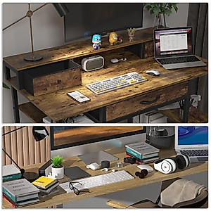 Treesland Computer Desk, 47" Office Desk with Monitor Shelf, Dual Tiers Home Office Gaming Desk with Drawers, Work Desk with Double-Layer Storage Rack, Stable Writing Desk, Rustic Brown
