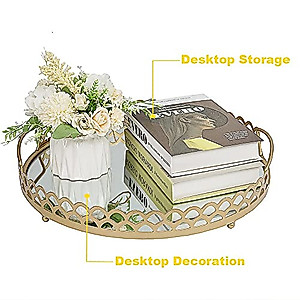 MAONAME Gold Mirror Decorative Tray, Large Vanity Tray with Handle, Metal Round Glass Tray for Bathroom, Dresser, Storage | 17" x 17" x 2.75"