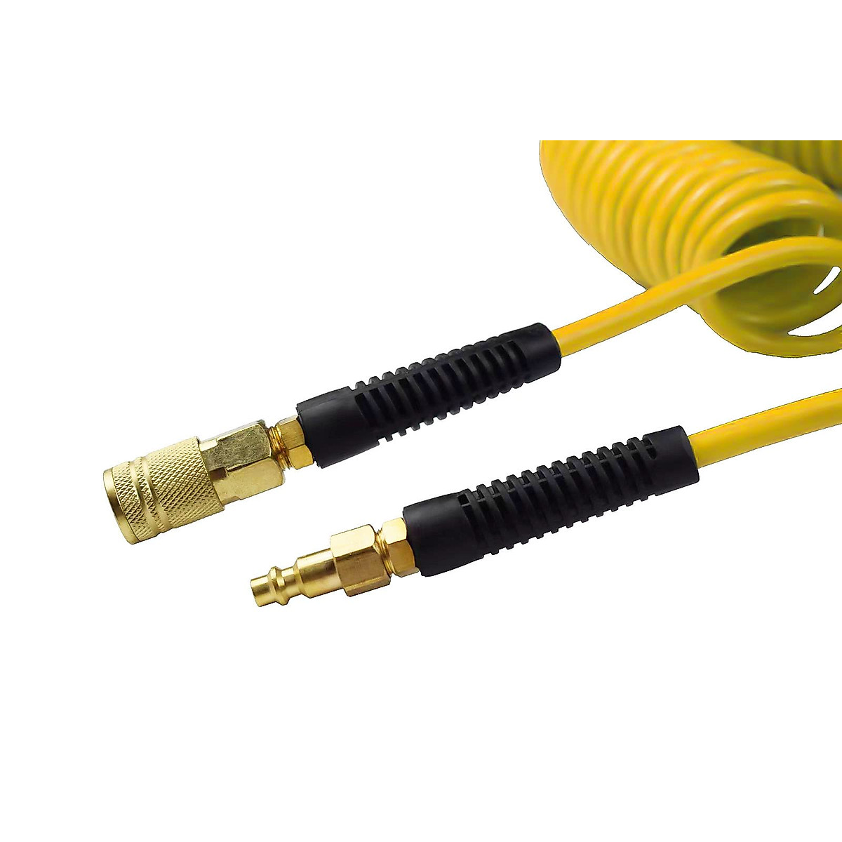 YOTOO Polyurethane Recoil Air Hose 1/4" Inner Diameter by 25' Long with Bend Restrictor, 1/4" Industrial Quick Coupler and Plug, Yellow