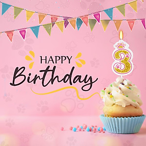 FAMGift Number 3 Pink Paw Birthday Candles - 3rd Birthday Cake Topper for Boy Girl Birthday Decoration, Cartoon Themed Party Supplies