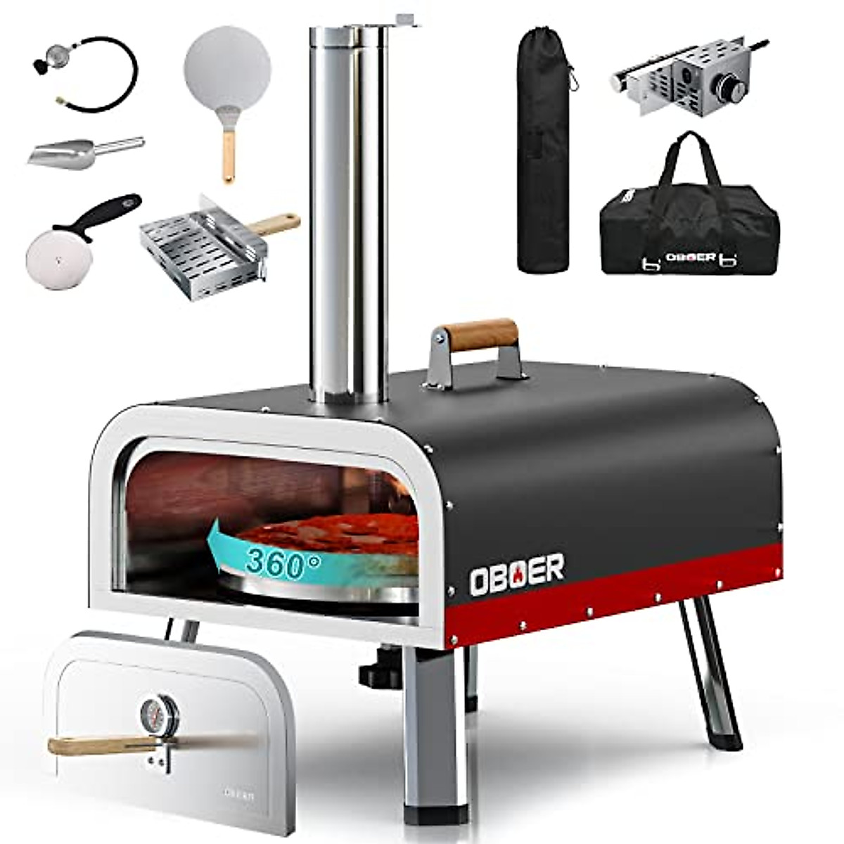 NAIZEA Pizza Oven Outdoor Indoor Use, 13" Multi-Fuel Pizza Maker Portable Wood Fired and Gas Pizza Oven Stainless Steel Pizza Grill with Gas Burner, Wood Tray Pizza Stone, Pizza Peel, Carry Bag