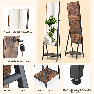 CHARMAID LED Strip Jewelry Armoire with Full Length Mirror, Lockable Jewelry Cabinet Organizer with 3-Color Lights, 3 Brush Boxes, 2 Drawers, Bottom Storage Shelf, Metal Frame (Rustic Brown)