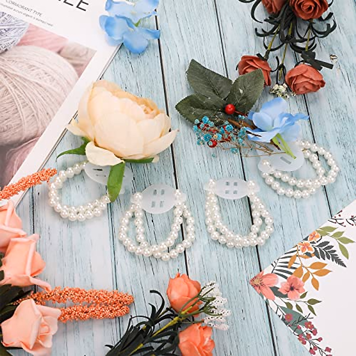 Sibba 8 Pieces Elastic Pearl Wrist Bands Lace Corsage Bracelet Wrist Corsage Bands Wedding Corsages Wristlets DIY Wrist Corsages Accessories for Wedding Festival Beach Party