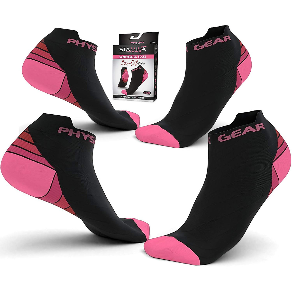 Physix Gear Sport Low Cut Socks Men & Women - Ankle Compression Running Socks (2Pair Blk-Pnk S/M)